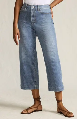 LANDS' END Denim High-rise Wide Leg Crop Jeans - Beau Blue Stripe