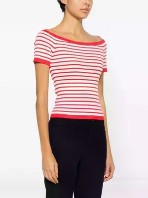 Maje Striped Knit Top With Boat Neck And Ribbed Trim - Red