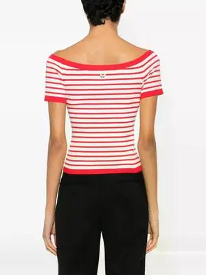 Maje Striped Knit Top With Boat Neck And Ribbed Trim - Red