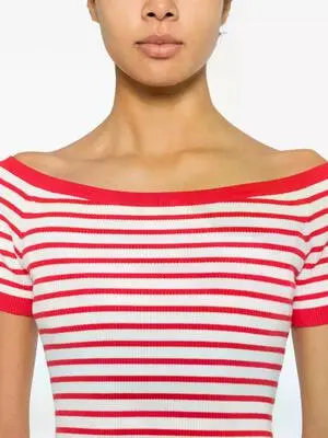 Maje Striped Knit Top With Boat Neck And Ribbed Trim - Red