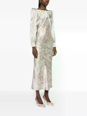 Alessandra Rich Floral Silk Midi Dress With Bow