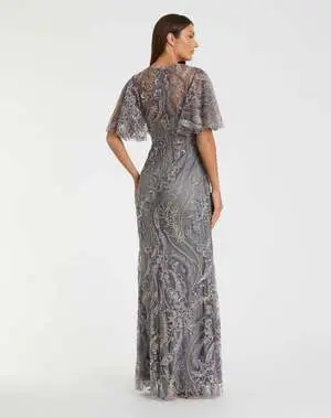 Mac Duggal Embroidered High Neck Flutter Sleeve Gown