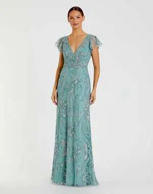Mac Duggal V-neck Embroidered Lace Gown - Blue
