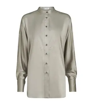 Brunello Cucinelli Stretch-silk Mandarin-collar Shirt - Green