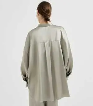 Brunello Cucinelli Stretch-silk Mandarin-collar Shirt - Green