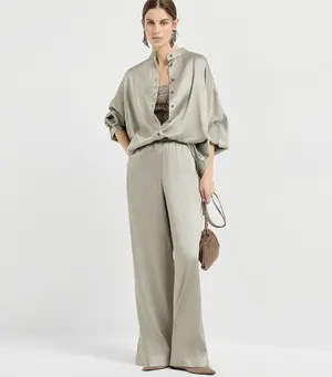 Brunello Cucinelli Stretch-silk Mandarin-collar Shirt - Green