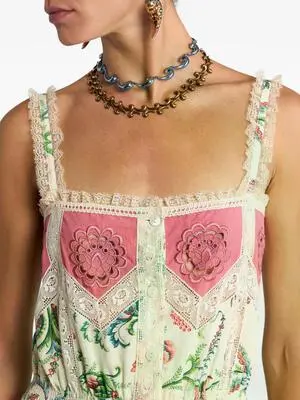 Etro Cotton Midi Dress With Floral Motif And Lace Inserts