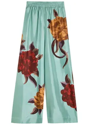 La DoubleJ Printed Silk-twill Palazzo Trousers - Blue