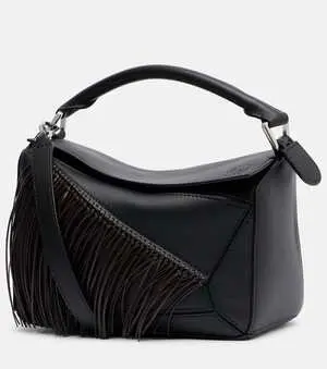 Loewe Puzzle Small Fringed Leather Shoulder Bag - Black