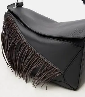 Loewe Puzzle Small Fringed Leather Shoulder Bag - Black