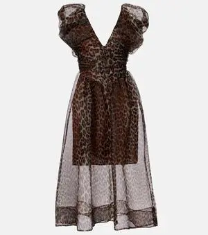GANNI Leopard-print Organza Midi Dress - Brown