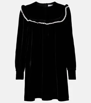 GANNI Lace-trimmed Velvet Minidress - Black