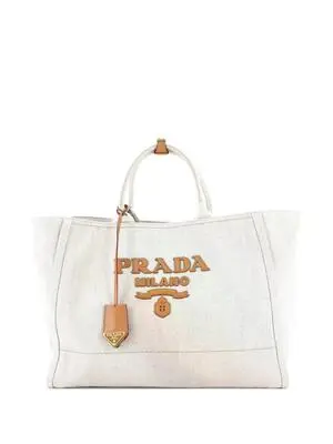 Prada Logo Linen Blend Large Tote Bag - Neutrals