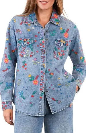 BILLY T Embroidered Floral Shirt Jacket - Denim