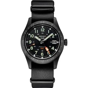 SEIKO WATCHES 5 Sports Gmt Automatic Leather Strap Watch - Black