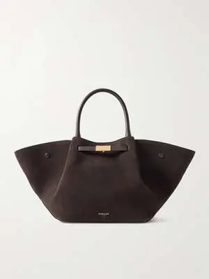 DEMELLIER The New York Midi Leather-trimmed Suede Tote Chocolate