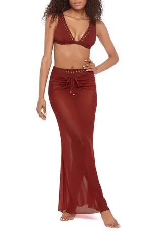 Steve Madden Ruched Sheer Mesh Maxi Skirt - Sangria