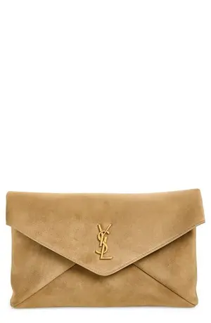 Saint Laurent Large Cassandre Suede Envelope Clutch - Light Cumin