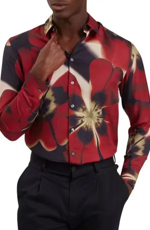 Ted Baker London Phelin Floral Stretch Cotton Button-up Shirt - Red/navy
