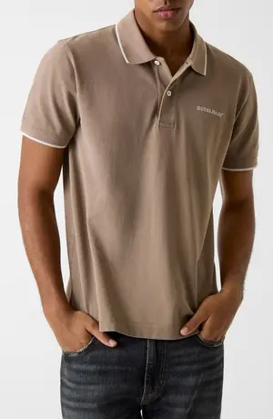 Guess Logo Embroidered Tipped Polo - Light Brown