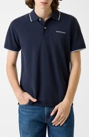 Guess Logo Embroidered Tipped Polo - Medium Blue