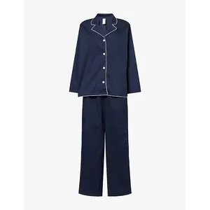 Desmond & Dempsey Placement-print Long-sleeve Cotton Pyjama Set - Plain Cotton Navy