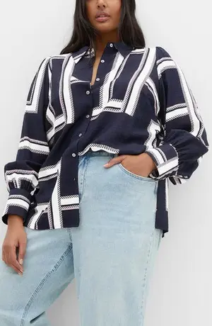City Chic Hallie Printed Button-up Shirt - Sleek Stripes Navy