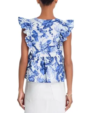 Aqua Floral Flutter Sleeved Top