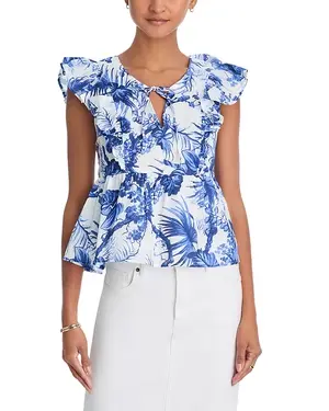 Aqua Floral Flutter Sleeved Top