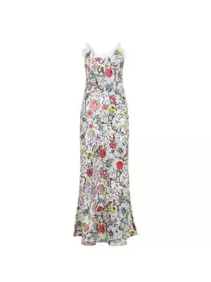 Roberto Cavalli Lace Trim Floral Print Silk Maxi Dress - White