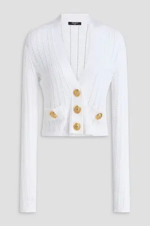 Balmain Cropped Pointelle-knit Cardigan With Button Embellishments