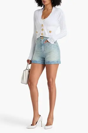 Balmain Cropped Pointelle-knit Cardigan With Button Embellishments