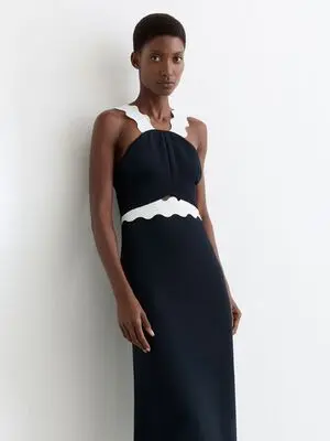 REISS Contrast Wave-trim Fitted Midi Dress - Navy/ivory