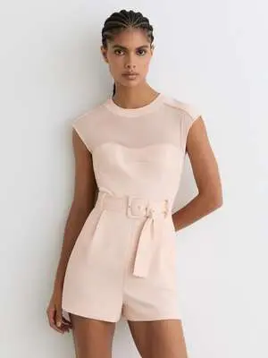 REISS Sheer-panel Belted Playsuit - Pale Pink