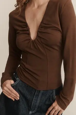 DOLAN LEFT COAST Ruched V-neck Long-sleeve Top - Brown