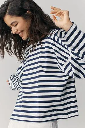 Maeve Pieced Stripe Long-sleeve Shirt Top - Vanilla X Nightfall