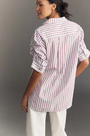 PILCRO Ruched Sleeve Buttondown Shirt - Red Stripe
