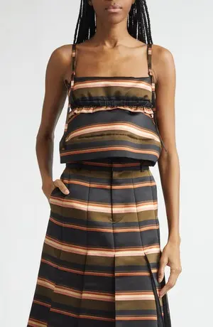 Sacai Stripe Satin Crop Camisole - Khaki/pink