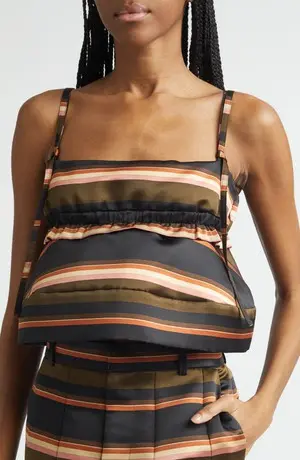 Sacai Stripe Satin Crop Camisole - Khaki/pink