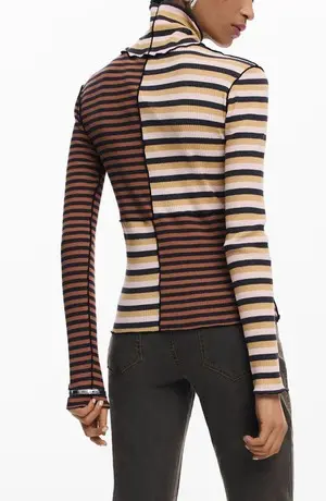 Desigual Colorblock Stripe Rib Turtleneck Top