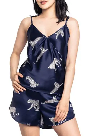 PETITE PLUME Panther Print Mulberry Silk Short Pajamas - Navy