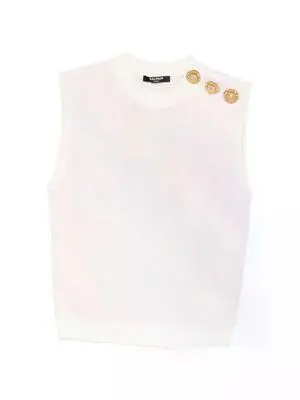 Balmain Sleeveless Tweed Knit Top With Lion Head Buttons - Neutrals
