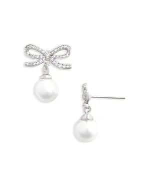 SELF-PORTRAIT Crystal Bow And Imitation Pearl Drop Earrings - Silver