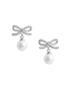 SELF-PORTRAIT Crystal Bow And Imitation Pearl Drop Earrings - Silver