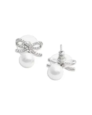 SELF-PORTRAIT Crystal Bow And Imitation Pearl Drop Earrings - Silver