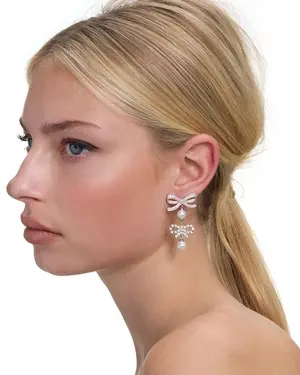 SELF-PORTRAIT Double Bow Faux Pearl Drop Earrings