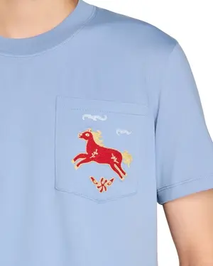 Sandro Embroidered Horse Cotton Tee - Sky Blue