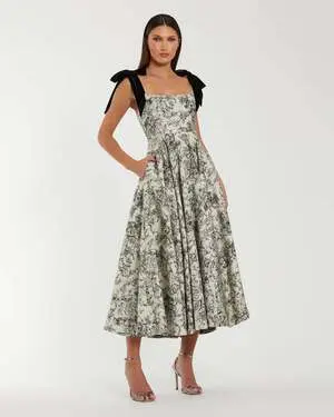 Mac Duggal Printed A-line Midi Dress - Black Multi