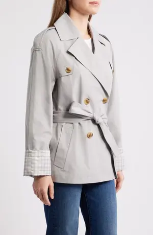 Bcbgmaxazria Water Resistant Gingham Cuff Double Breasted Trench Coat - Stone