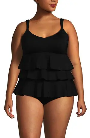 LANDS' END Smoothing Control Ruffle Fauxkini One Piece Swimsuit - Black